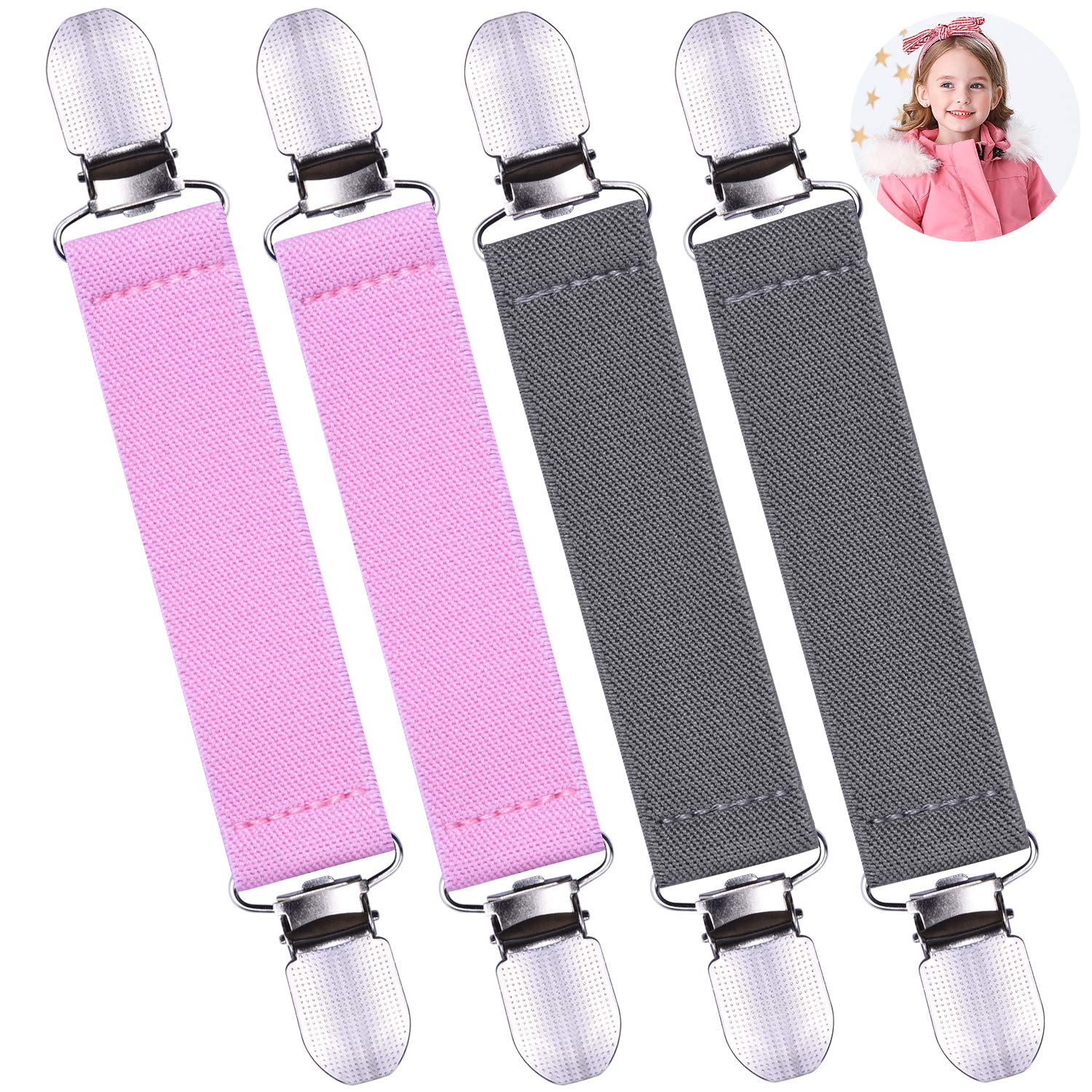 Wisdompro Mitten Clips, 4 Pieces Glove Clips with Elastic Strap for Toddlers, Kids, Adults - Gray and Pink