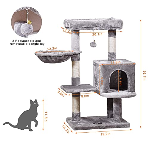 MQ Cat Tree Tower 36.7in with Padded Plush Perches, Condo, Hammock & Cat Scratching Post for Kittens, Large Cats, Gray