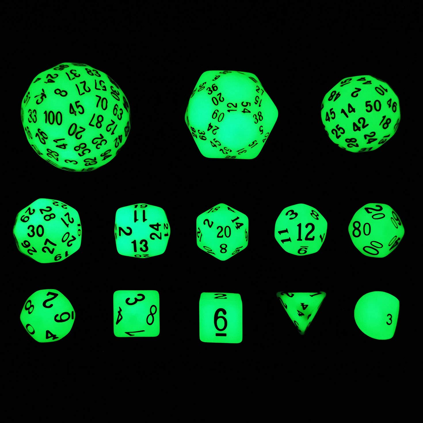 Bescon Super Glowing in Dark Complete Polyhedral RPG Dice Set 13pcs D3-D100