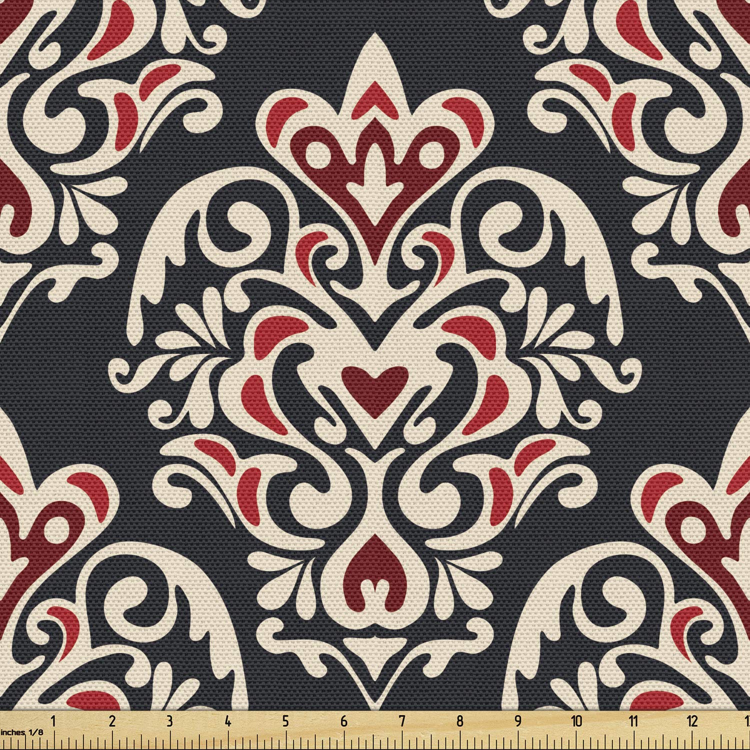 Ambesonne Damask Fabric by The Yard, Classical Curly Antique with Rococo Style Details Venetian Vintage, Decorative Fabric for Upholstery and Home Accents, Black Cream Red