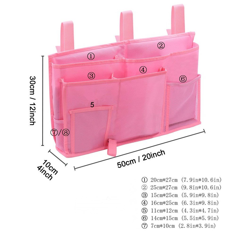 MoYag Bedside Storage Organizer, Bedside Caddy Hanging Storage Bag for Bunk and Hospital Beds, Dorm Rooms Bed Rails,Baby Bed,Baby Cart,Car Backrest with 8 Pockets(Pink)