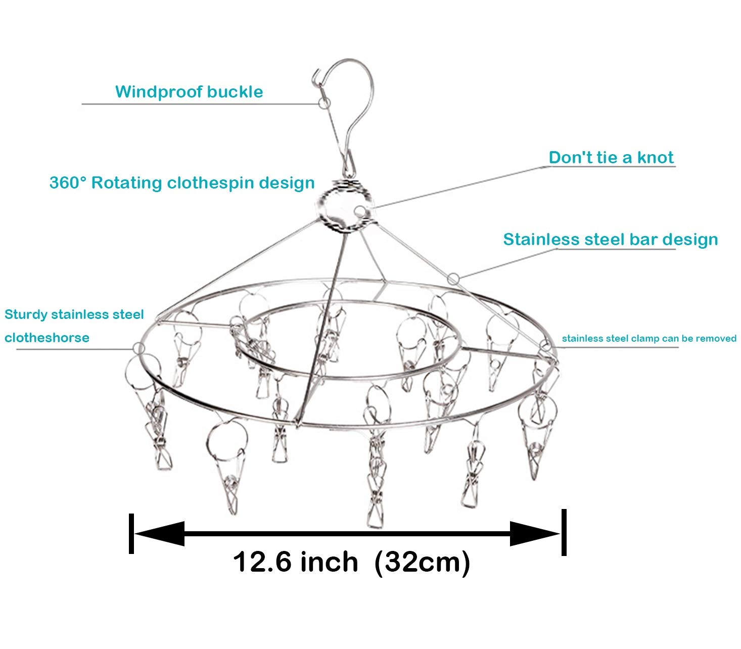 CenYouful 2 Pack Stainless Steel Round Hanging Drying Rack with 20 Clips for Drying Socks, Baby Clothes, Bras, Towel, Underwear, Hat, Scarf, Pants, Gloves