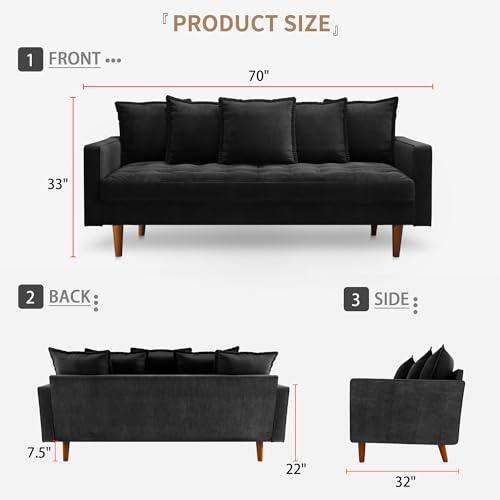 SILKIR Mid-Century Modern Small Spaces Comfy Velvet Living Room,Office,and Apartment,Loveseat Couch Sofas, 70 Inch, Black