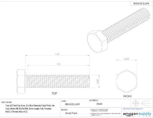 Class 10.9 Steel Cap Screw, Zinc Blue-Chromate Plated Finish, Hex Head, External Hex Drive, Meets DIN 933/ISO 898, 40mm Length, Fully Threaded, M10-1.5 Metric Coarse Threads (Pack of 25)