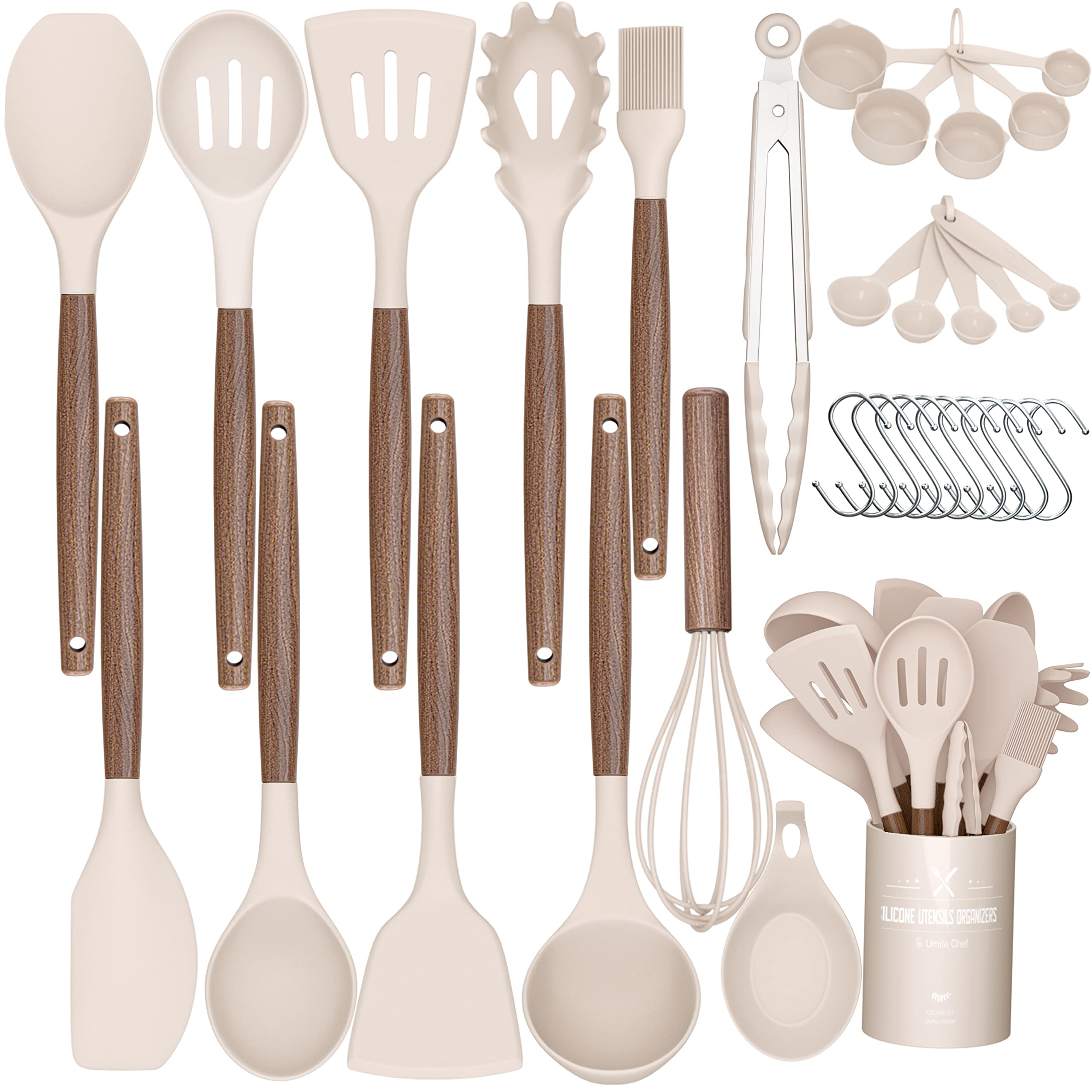 33 Pcs Silicone Kitchen Utensils Set, Khaki Kitchen Cooking Utensils Set with Black Natural Walnut Hard Wood Handle, Silicone Utensils Set with Holder, Heat Resistant, BPA Free, Non Toxic