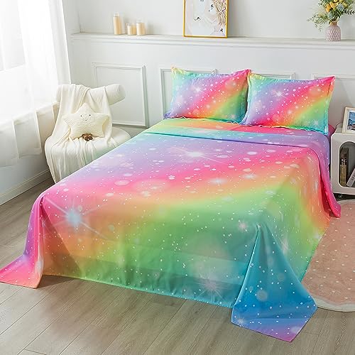 ADASMILE A & S Rainbow Fitted Sheet for Girls 4 Pieces Rainbow Sheets Full for Kids Tie Dye Pastel Glitter Rainbow Bed Sheet for Kids Teens Girls Rainbow Bedding for Girls Sheets with Sparkling Star