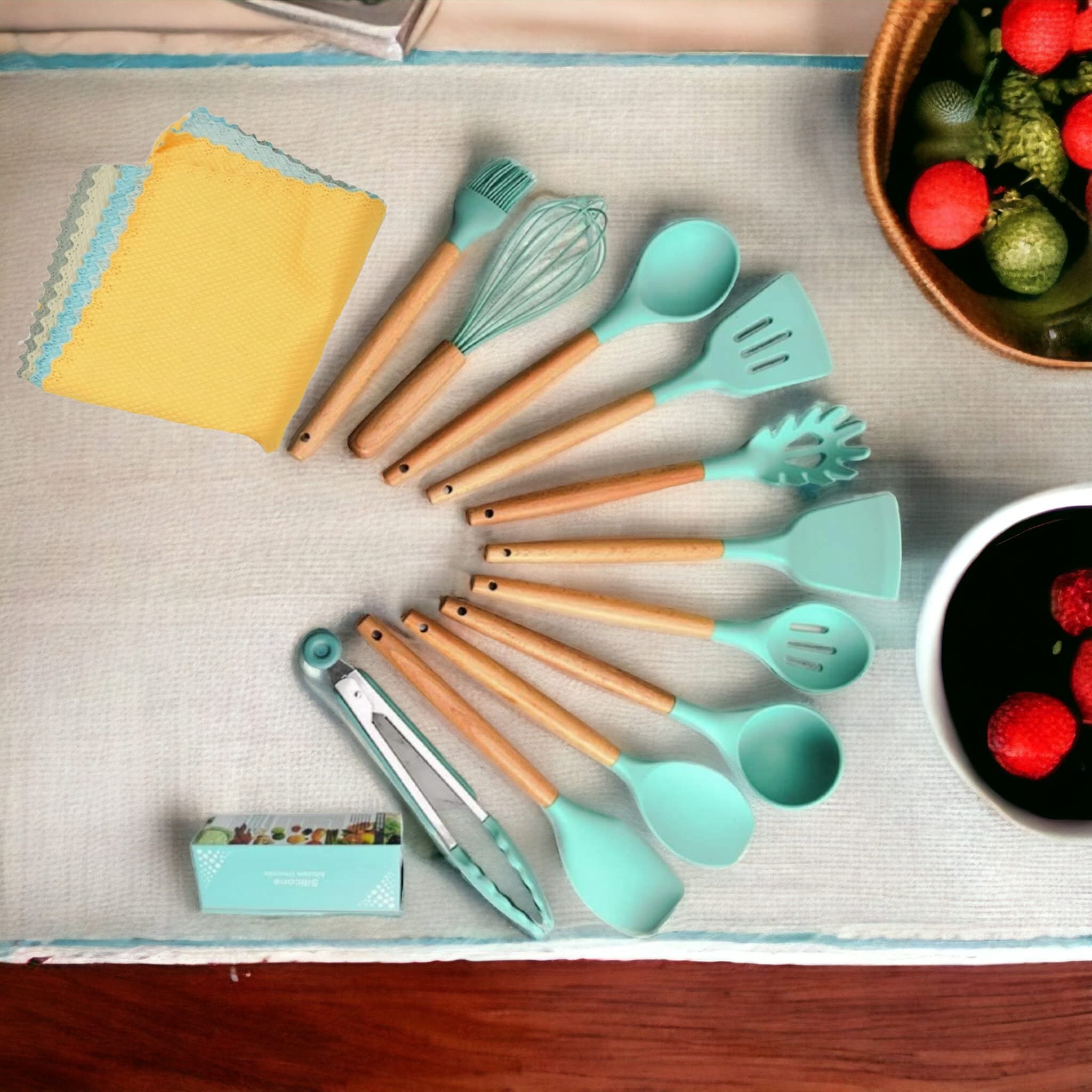 33 pieces.β Kitchen Utensils Set for cooking. Comes with 5 kitchen cleaning cloths, Utensil set with holder, spatula, so gadgets, silicone kitchen utensils wood handle.