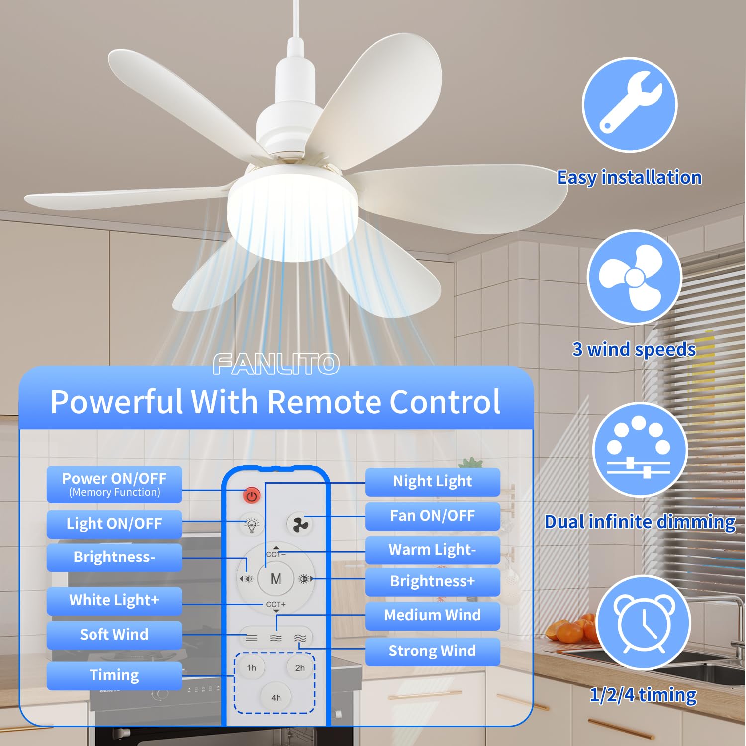 FanLito 20.5"" Light Socket Fan With Remote, Screw In Socket Fan Light For Crowded Corners Ventless, Need Ventilation & Airflow To Dry, For Kids Room, Small Attic, Walk In Closet, Small Kitchen Etc