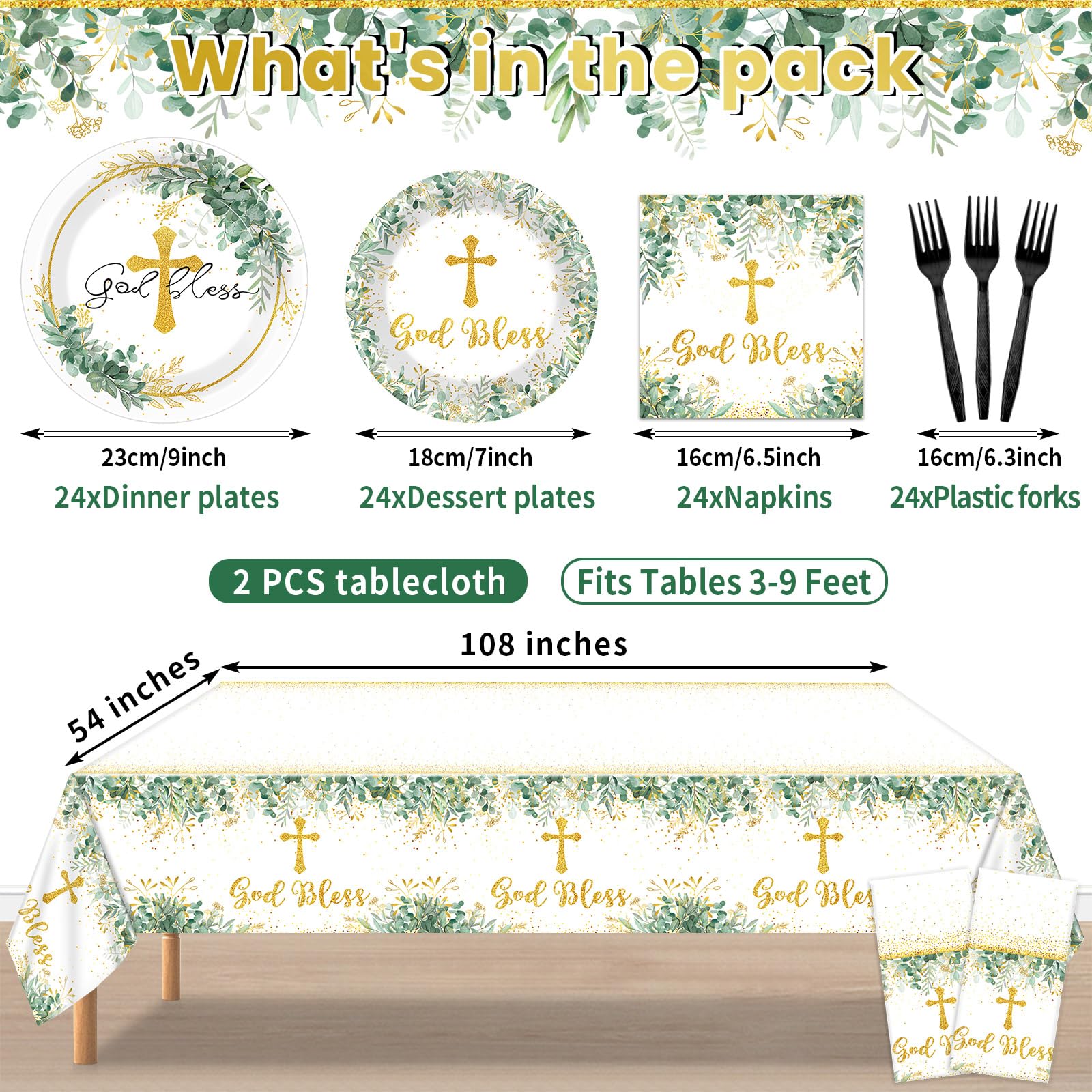 98pcs God Bless Plates Baptism Tableware First Holy Communion Mi Bautizo Disposable Tableware Set with Plates Napkins Tablecloth for Newborn Baby Shower Party Christening Religious Party Decorations