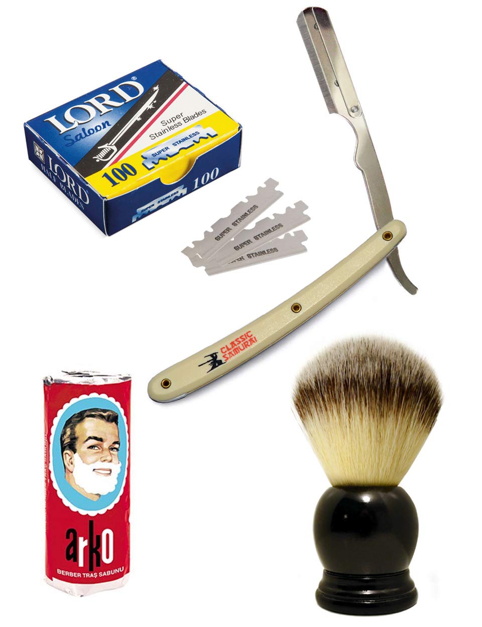 Classic Samurai Men's Shaving Set with Stainless Steel Professional Barber Straight Razor Shavette with Pure Badger Shaving Brush, Arko Stick Soap and Porcelain Mug