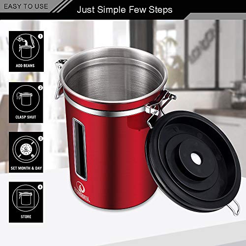 JENNIMER Coffee Canister - Large, Stainless Steel Airtight Coffee Containers with Transparent Window,Date Tracker, CO2-Release Valve and Measuring Scoop for Freshness of Storage Coffee(Red)