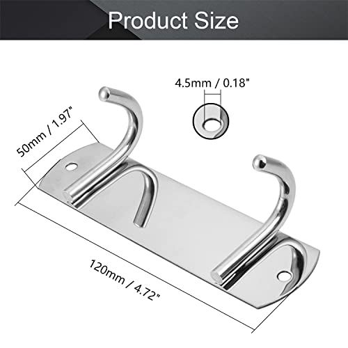MroMax Wall Mounted 2 Hooks Towel Hat Coat Clothes Wall Hook Rack Rail, Silver 1Pcs