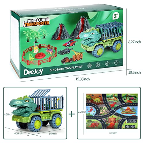 Deejoy Toy Truck, Dinosaur Transport Car with Dinosaur Toys, Dinosaur Pull Back car, Play mat, Dinosaur Identification Cards, Dinosaur Playset Birthday Gift for Kids Boys Grils 3 4 5 6 7