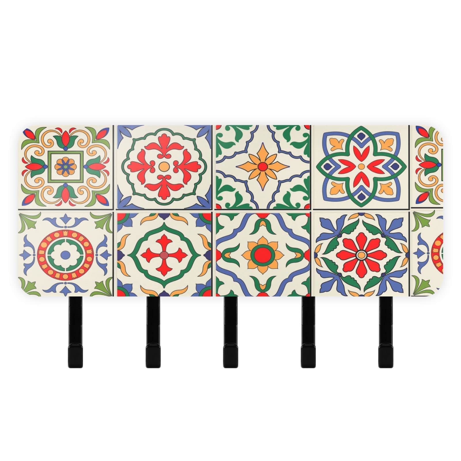 Oyihfvs Colorful Moroccan, Portuguese Tiles, Ornaments Flowers Wall Adhesive Key Holder, Mounted Mail Holder for Home Wall Door Bathroom Kitchen Dormitory Office Decor 7.1x4.1x1.2in