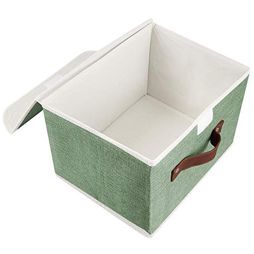 Lucky Monet 2 Pack Linen Fabric Foldable Storage Bin Set Collapsible Storage Box Cube Closet Organizer with Lid & Faux Leather Handle, 10βx8βx7β (Green)