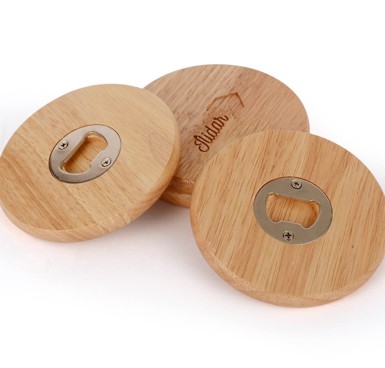 3in 1 Bottle Opener Coaster and Magnet Set of 4 Oak 10cm x 10cm