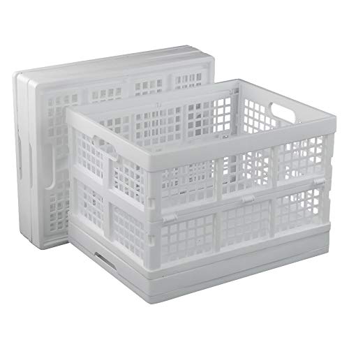 Sosody 34 L Large Collapsible Plastic Storage Crates, Folding Storage Baskets Stackable, White, 4 Packs