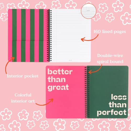Ban.do Green Rough Draft Mini Spiral Notebook with Saying, 9" x 7" with Pockets and 160 Lined Pages, Find Joy