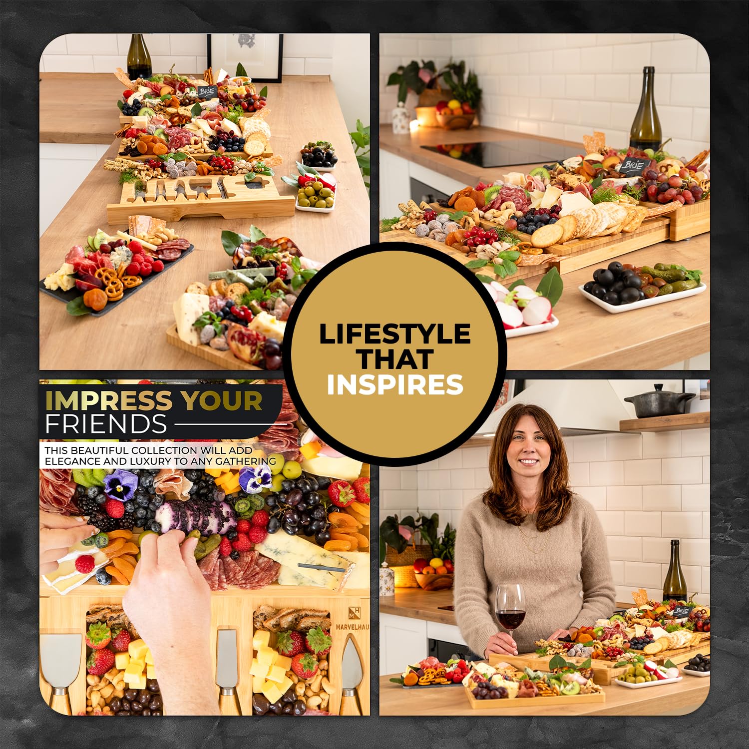 MARVELHAUS Large Charcuterie Board 19 pcs accessories, Cheese Board With Mountain Scene, Cheese Board & Knife Set, Bamboo Charcuterie Boards, Cheese Servers-Unique House Warming New Home, Wedding Gift