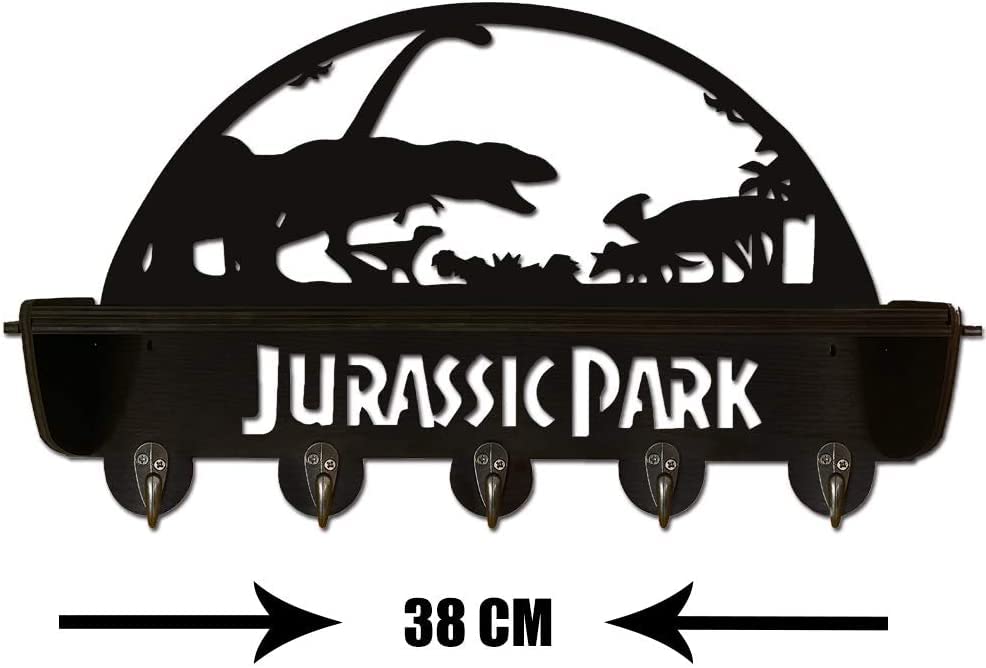 Dinosaur Theme Park World ,Hat Rack Key Hook Coat Hook Towel Holder, with 5 Metal Hooks, Clothes Hook, Kitchen Shelf, Wooden Storage Shelf,Black,16 Inch, 11 Lbs