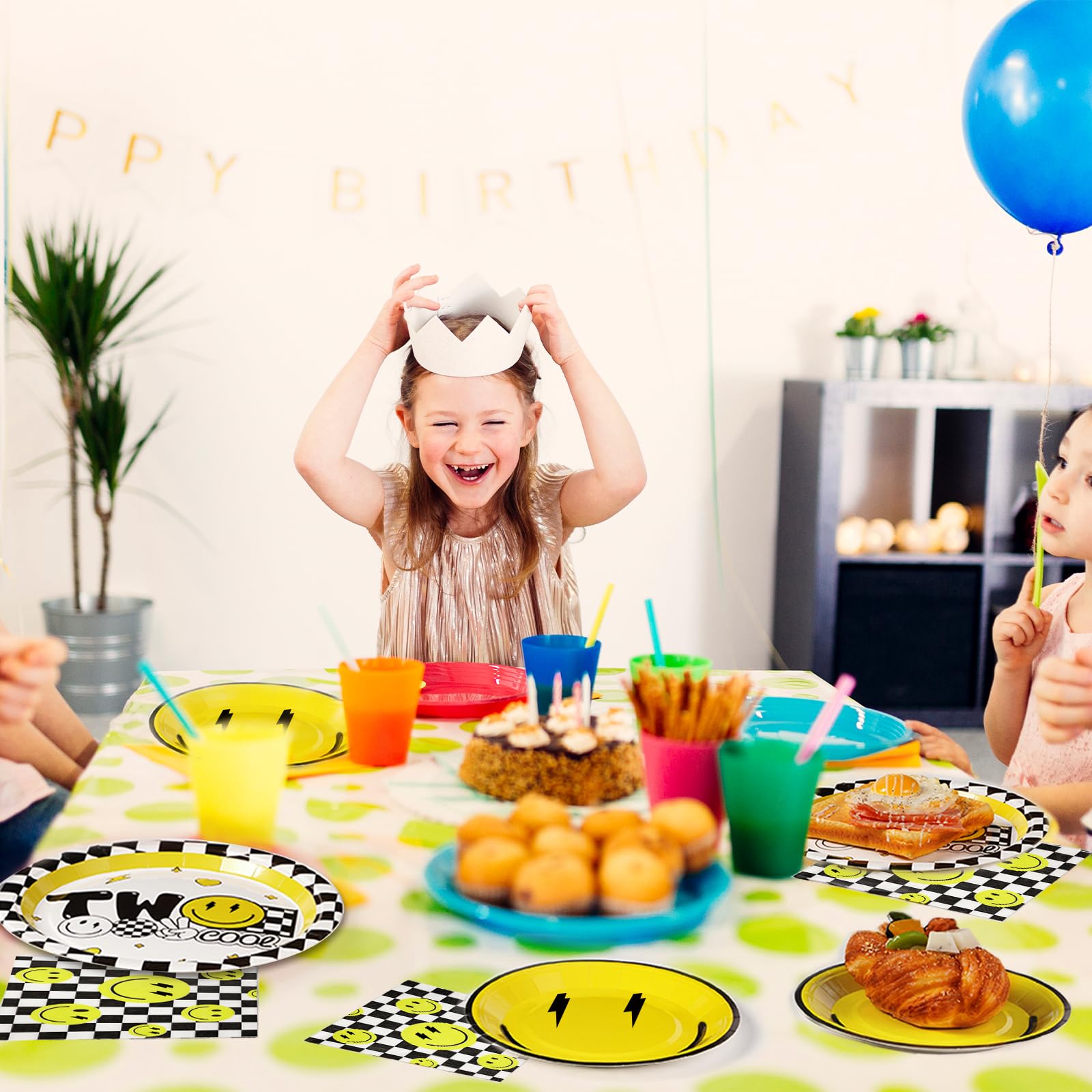 96 Pcs Two Cool Dude Birthday Party Decorations 350 GSM 2nd Birthday Party Supplies Tableware Set for Two Year Old Happy Dude Yellow Black Lightening Checkered Party Baby Shower Decor Serves 24 Guests