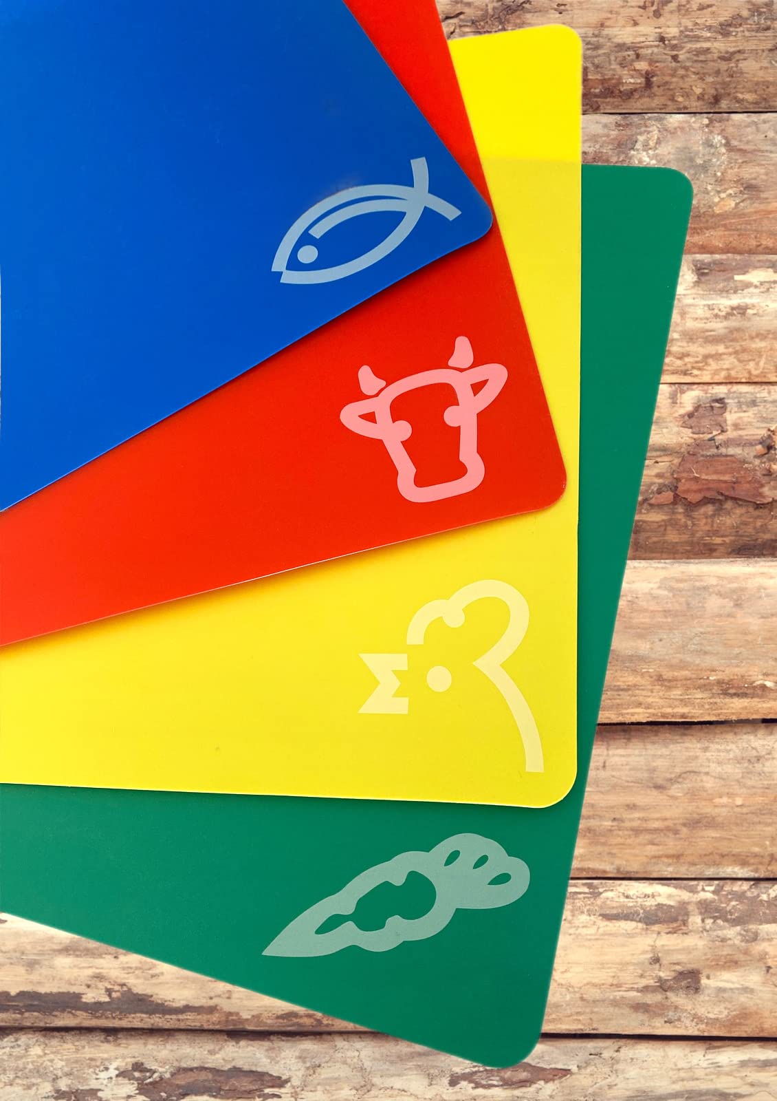 4pc Cutting Boards Flexible Plastic Color Coded Mats Food Icons Meat Vegetable Fish Chicken Chopping Small Busy Kitchen Countertops Catering Thanksgiving Picnic Dinner Party 9.75’’ x 11.75’’