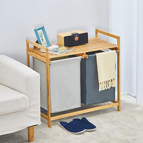 WORTHYEAH Bamboo Laundry Hamper and Shelf, Dual Compartments Laundry Basket with Removable Bag, 2 Sections Laundry Organizer and Storage, Wooden Bamboo Laundry Sorter