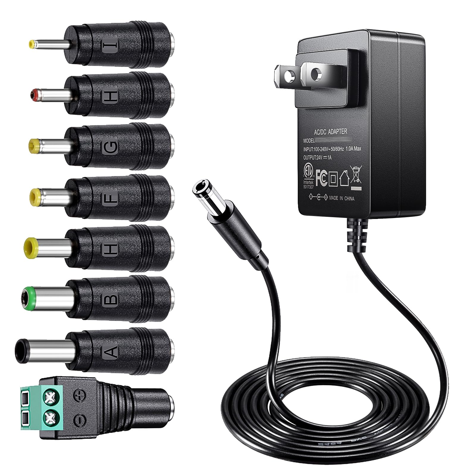 SoulBay 24V 1A Power Supply Adapter w/ 8 Tips for CCTV WiFi Camera Router LED Strip Light, AC 100-240V to DC 24 Volt Plug in Transformer Cord with ETL Certificate, 5 FT