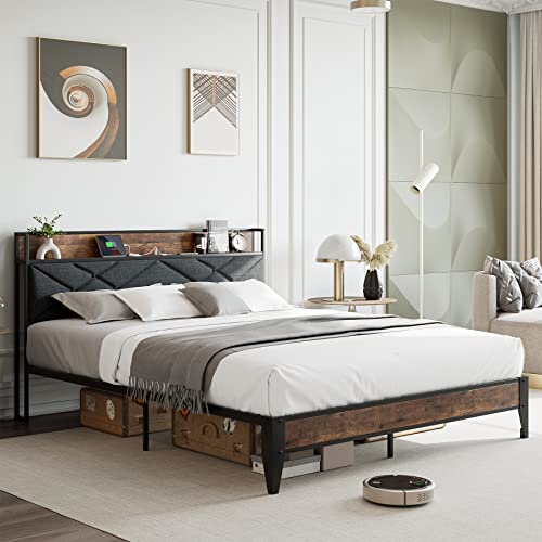 King Size Bed Frame with USB Ports, Platform Bed Frame with Storage Headboard, Solid Wood Slats Support, No Box Spring Needed, Noise-Free, Light Gray