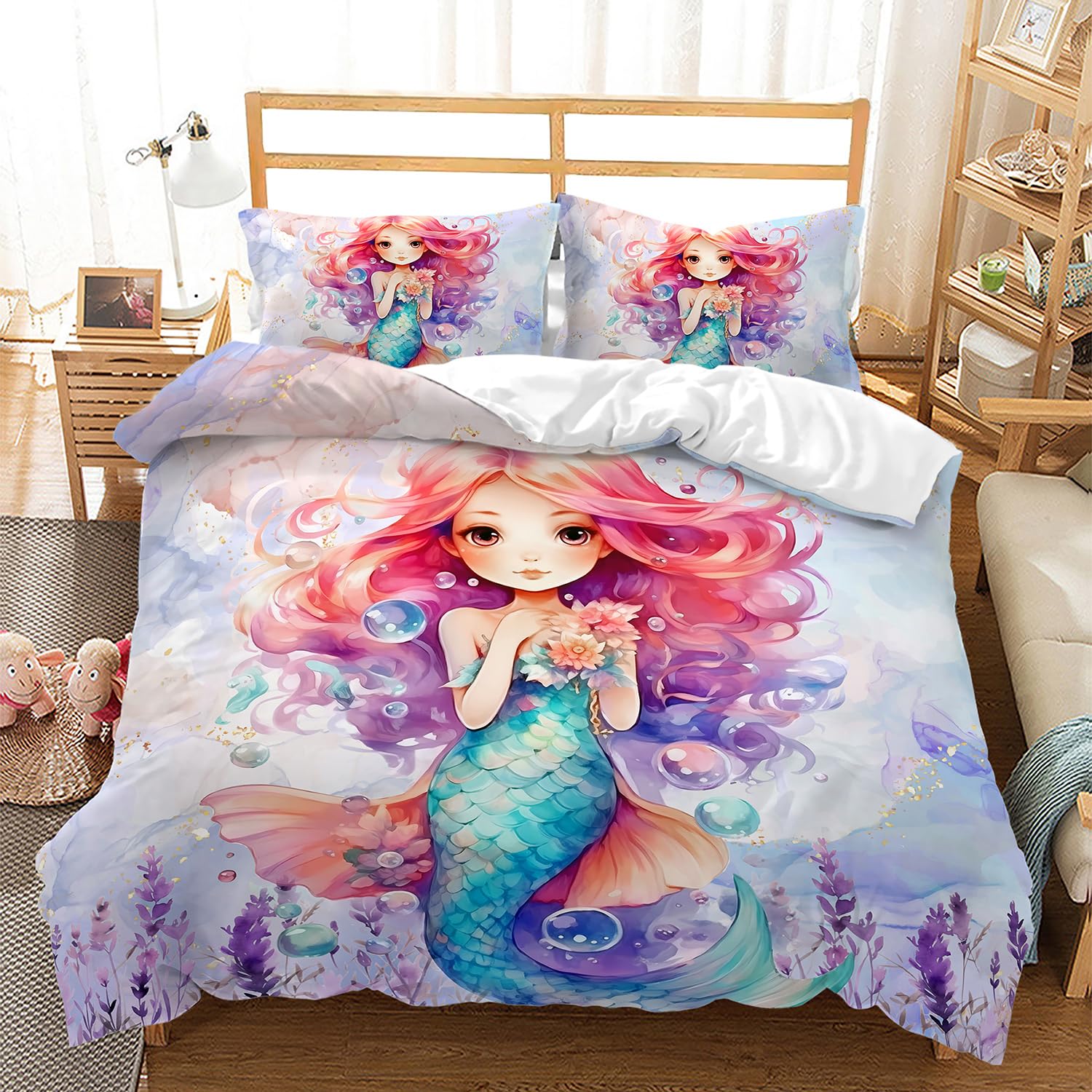 AILONEN Mermaid Duvet Cover Set Full Size, Beautiful Mermaid Princess Bedding Set,Purple Floral Watercolor Marble Comforter Cover Set 3 Pieces, 1 Quilt Cover and 2 Pillowcases (No Comforter)