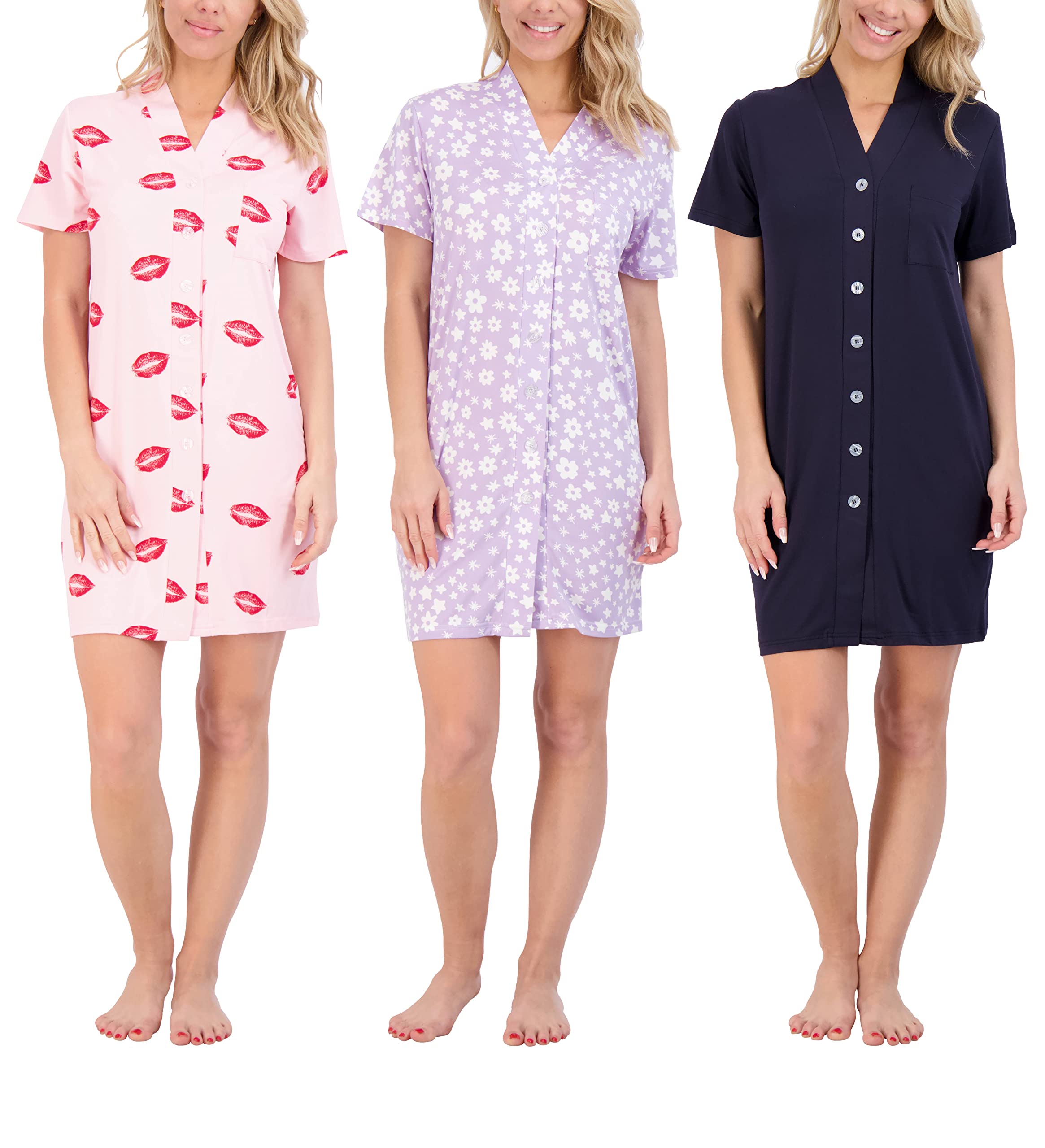 3-Pack: Womens Women Nightgowns Nightdress Dress Pijamas de mujer Short Sleeve Full Button Down Nightshirt Soft Nightgown Moo Moos Gowns Sleepwear Pajama Gown Adult Pajamas PJs Sleeping - Set 6, L