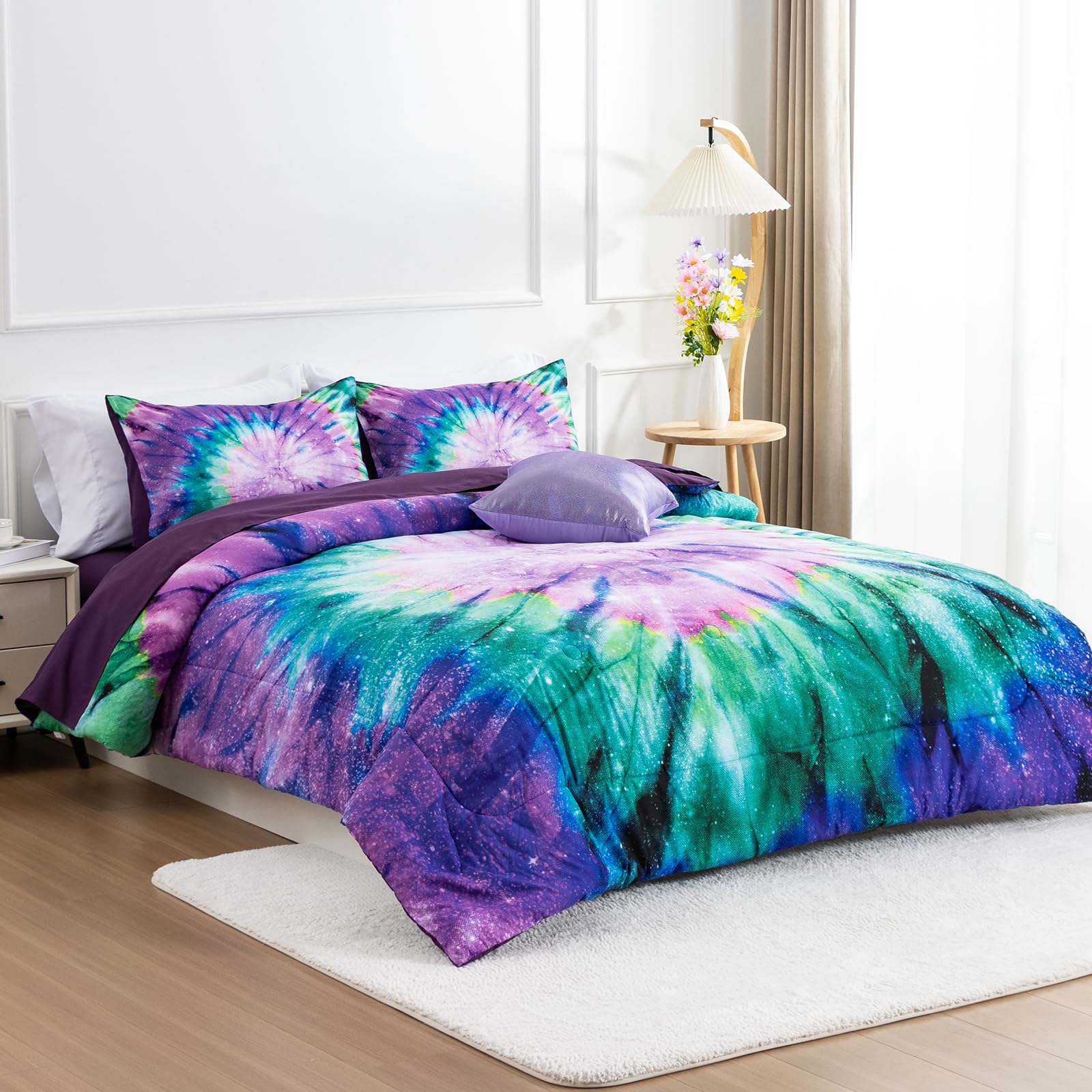A Nice Night 6Pcs Bed in a Bag Bedding Set Tie Dye Galaxy Children Comforter Set, Psychedelic Swirl Pattern Colorful Boho, BoysGirls Quilt Sets,Purple,Full