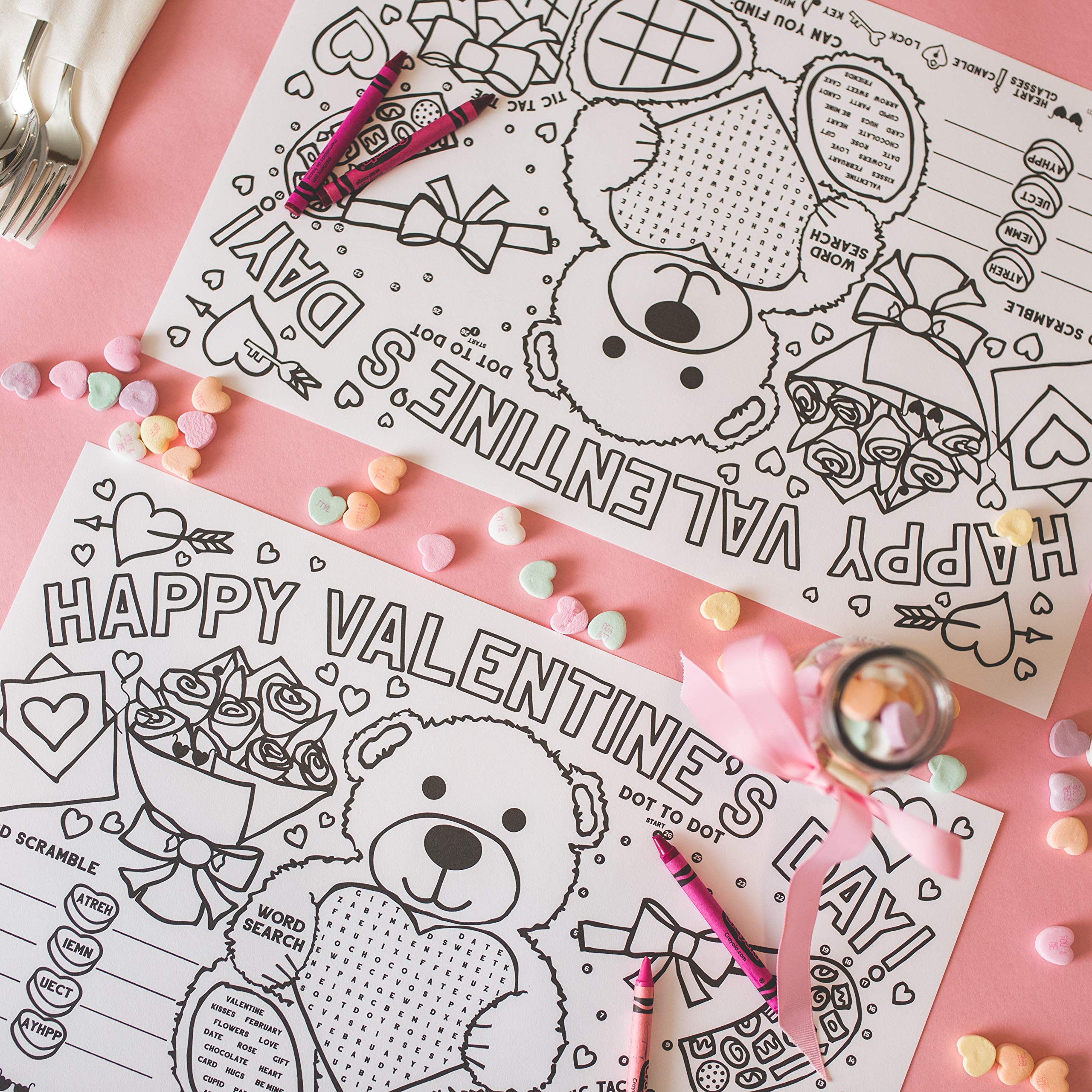 Tiny Expressions - Valentine's Day Coloring Placemats for Kids – Pack of 12 Disposable Paper Mats for Kids Table at Valentines Party, Includes Activities & Games for Kids