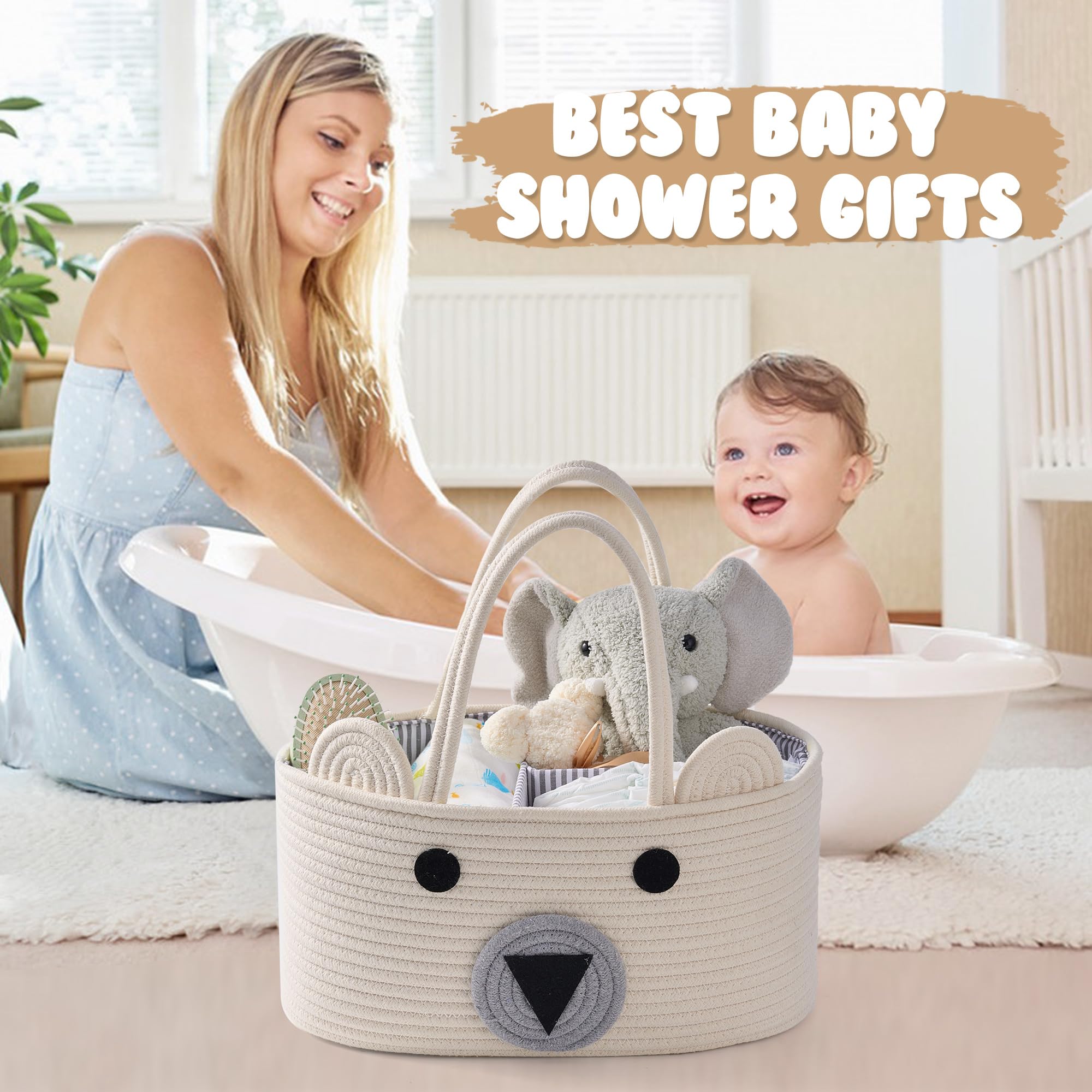 InfiBay Baby Diaper Caddy Organizer, Baby Nursery Storage with Removable Dividers and Sturdy Handles, Cute Bear Basket, Cotton Rope Baby Basket, Portable Diaper Storage Basket