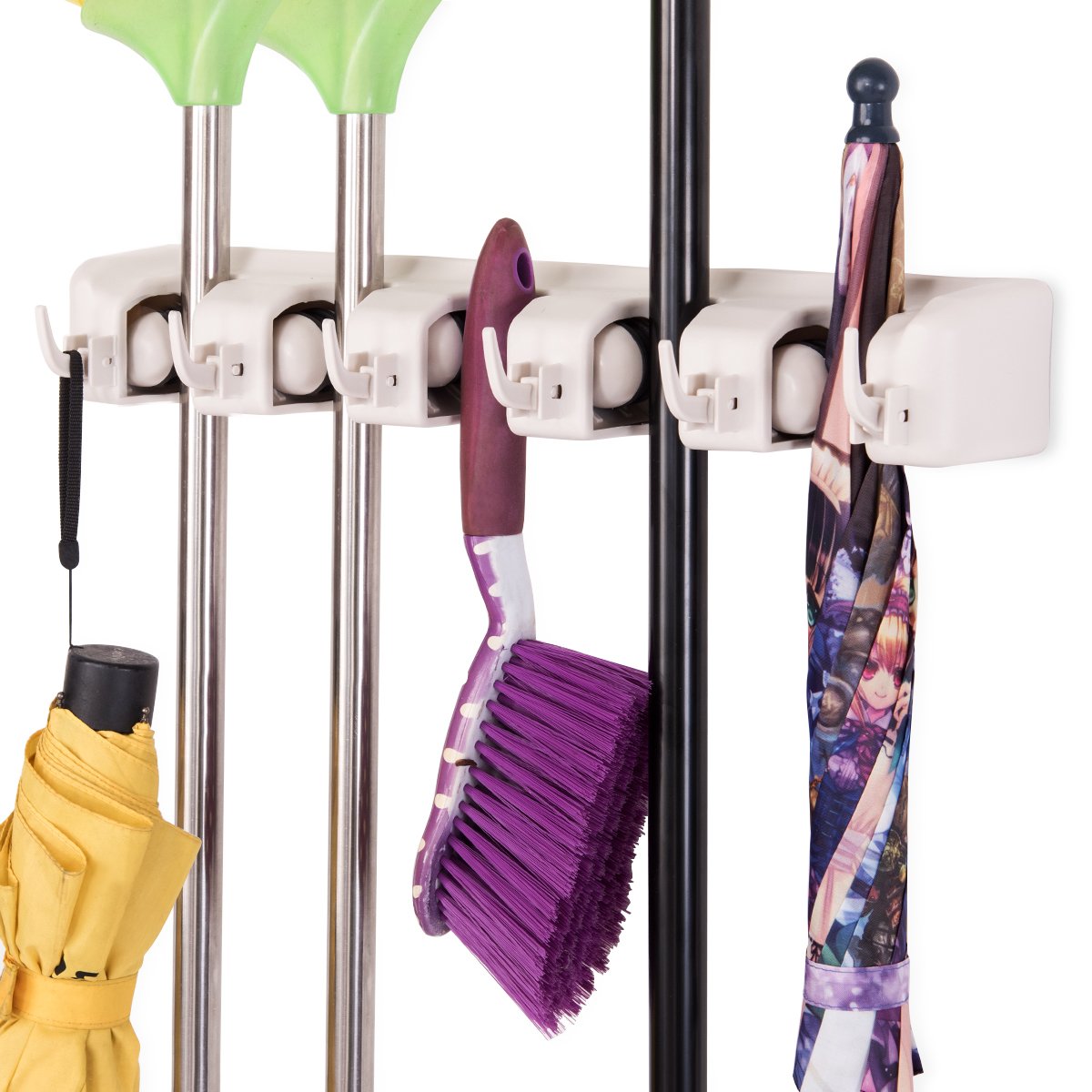 GOFLAME Mop Broom Holder 5 Position 6 Hooks Home Kitchen Broom Storage Tool Organizer Wall Mounted Organizer-Mop,White
