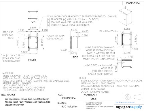BUD Industries SNB-3730 Series SNB Steel NEMA 4 Sheet Metal Box 9.84" L x 7.87" W x 5.91" D, Gray
