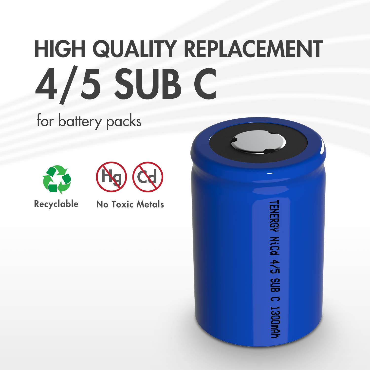 Tenergy 4/5 SubC 1.2 Volts 1300mAh NiCD Rechargeable Batteries, 15 Pack