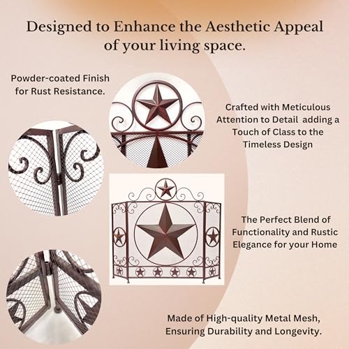 BestGiftEver 3-Panel Fireplace Screen Decorative with Rustic Brown Star Detail - Stand Alone Fireplace Cover Metal Mesh Screen - Home Decor for Cabin, Lodge, and Rustic Country Style Firescreen