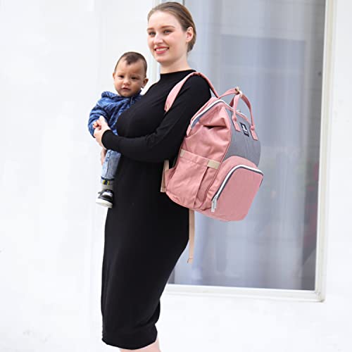 Hafmall Diaper Bag Backpack, Large Baby Diaper Bag with Stroller Hooks, Multifunctional Travel Nappy Bag, Stylish & Waterproof, Pink Gray