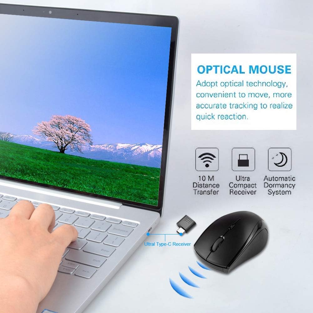 Huifen Type C Wireless Mouse, USB C Gaming Wireless Mice 2.4G Silent Ergonomic with 3 DPI Levels Compatible with Samsung Chromebook, Google Pixelbook, Dell, HP OMEN, More Device (Black)