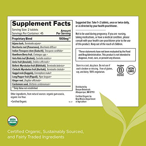 Banyan Botanicals Heart Formula – Organic Herbal Heart Health Supplement with Hawthorn Berry and Guduchi – Supports Proper Function of The Heart* – 90 Tablets – Non-GMO Sustainably Sourced Vegan