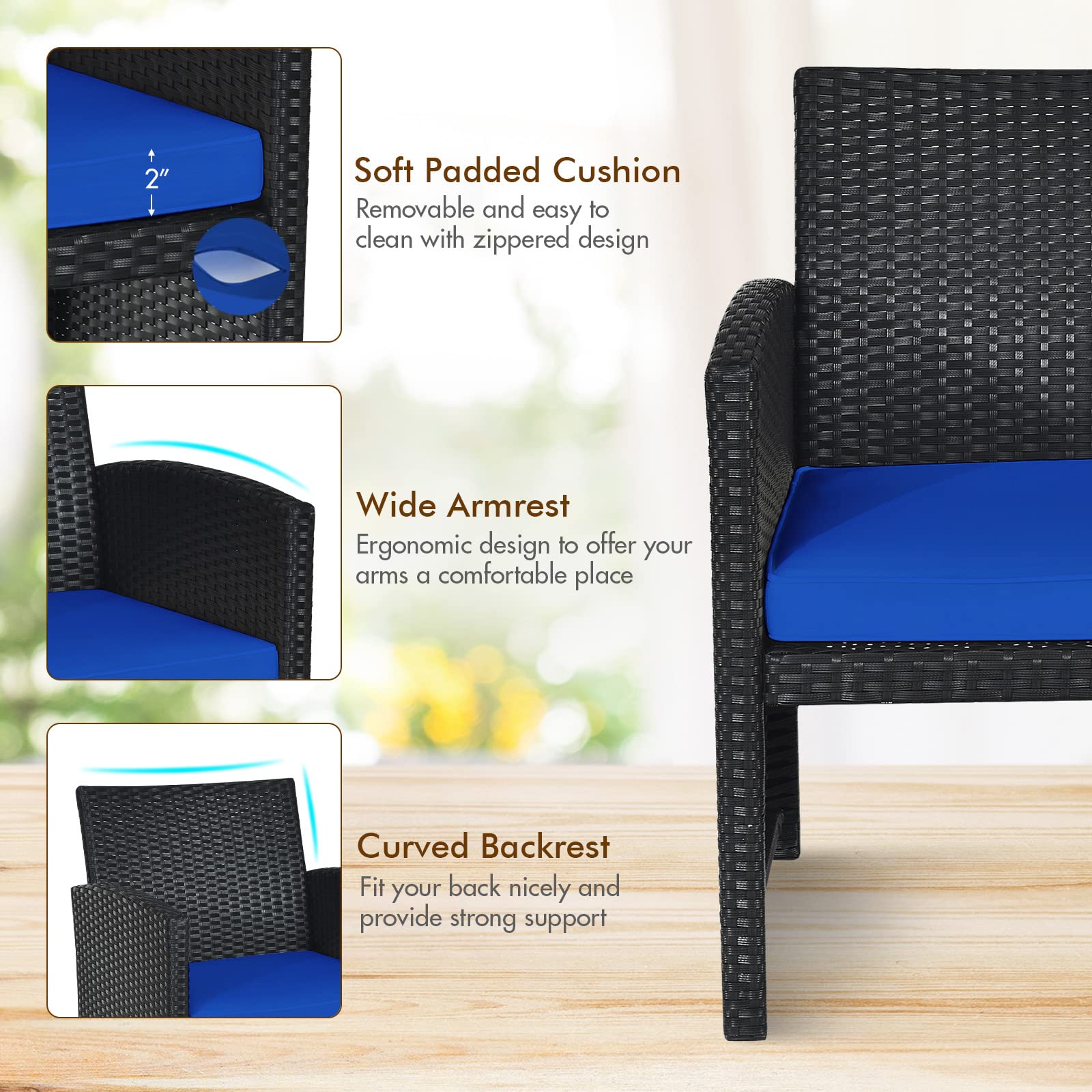 DORTALA 4 Pieces Patio Wicker Conversation Furniture Set, Outdoor Rattan Sofas with Bistro Sets with Coffee Table for Courtyard Balcony Wicker Chairs with Soft Cushion and Table, Navy