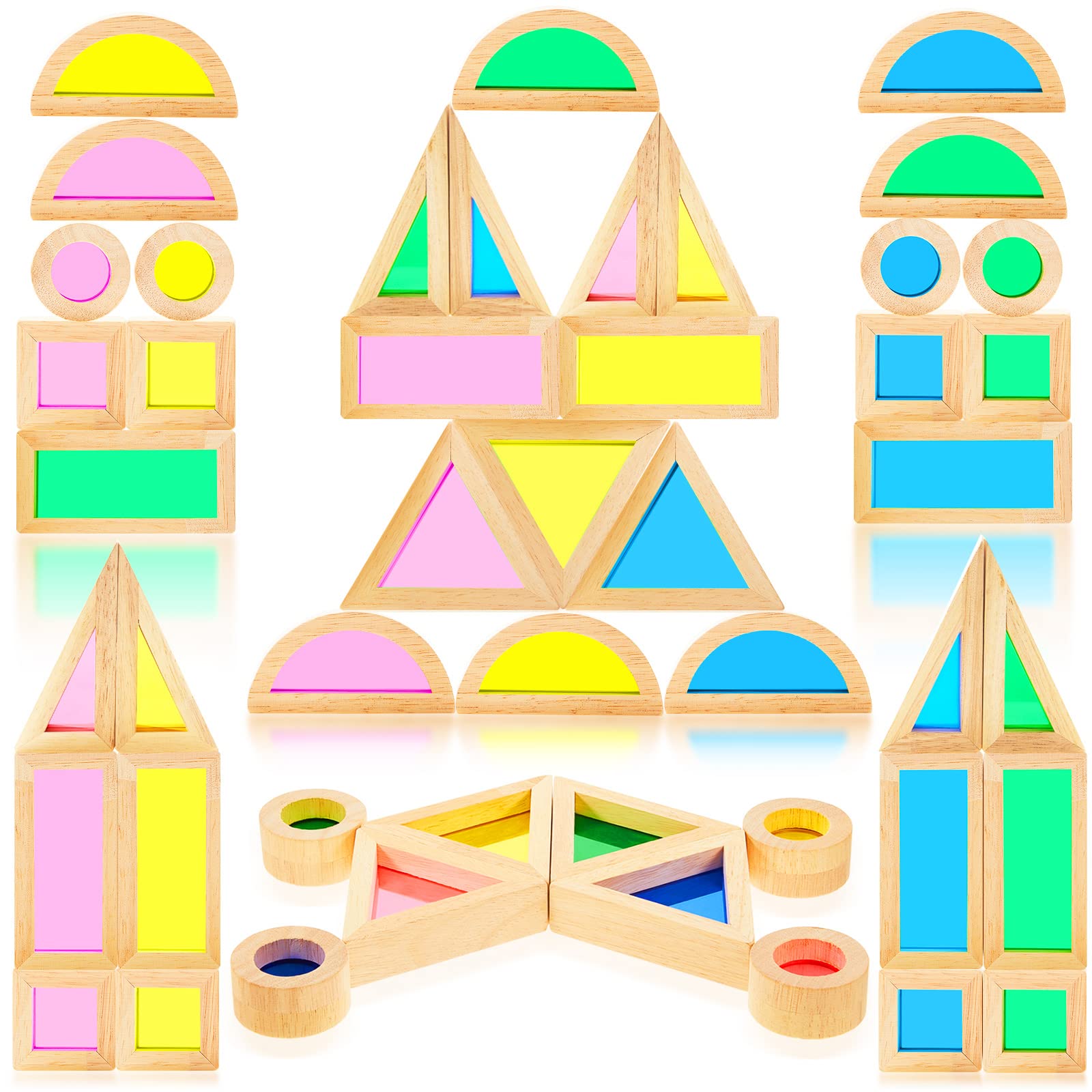 48 Pcs Wood Building Blocks Rainbow Geometry Wooden Blocks Construction Colorful Sensory Stacking Blocks for Toddlers Baby Kids Play Montessori Preschool Table Game Learning Educational Activity