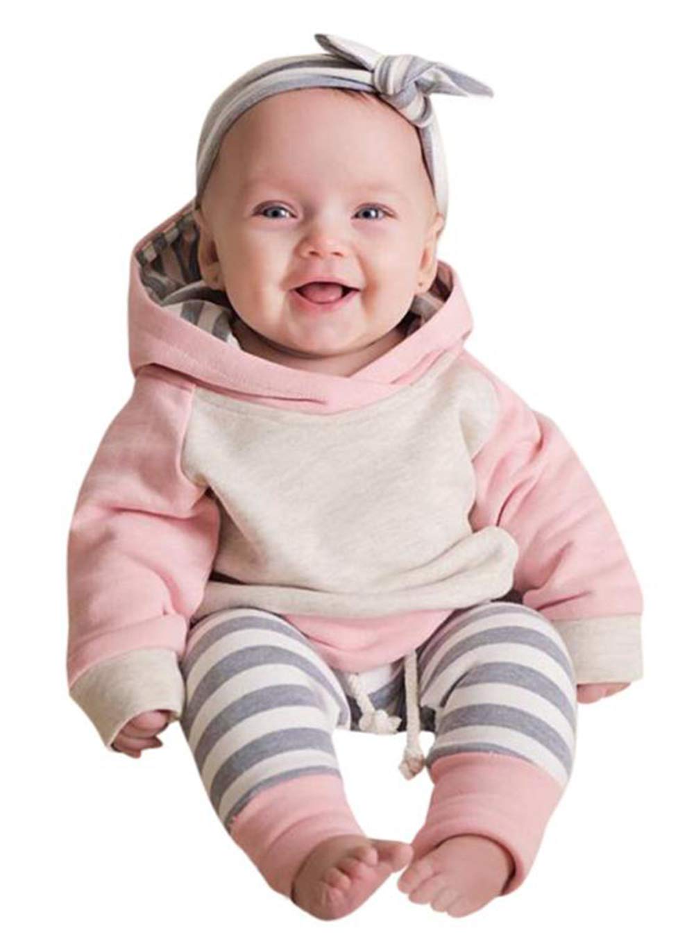 Ritatte Baby Girl Clothes Long Sleeve Hoodie Tops Striped Pants Sweatsuit Set Infant Girl Jogging Suits Fall Winter Outfit (Pink,Size 3-6 Months(70))