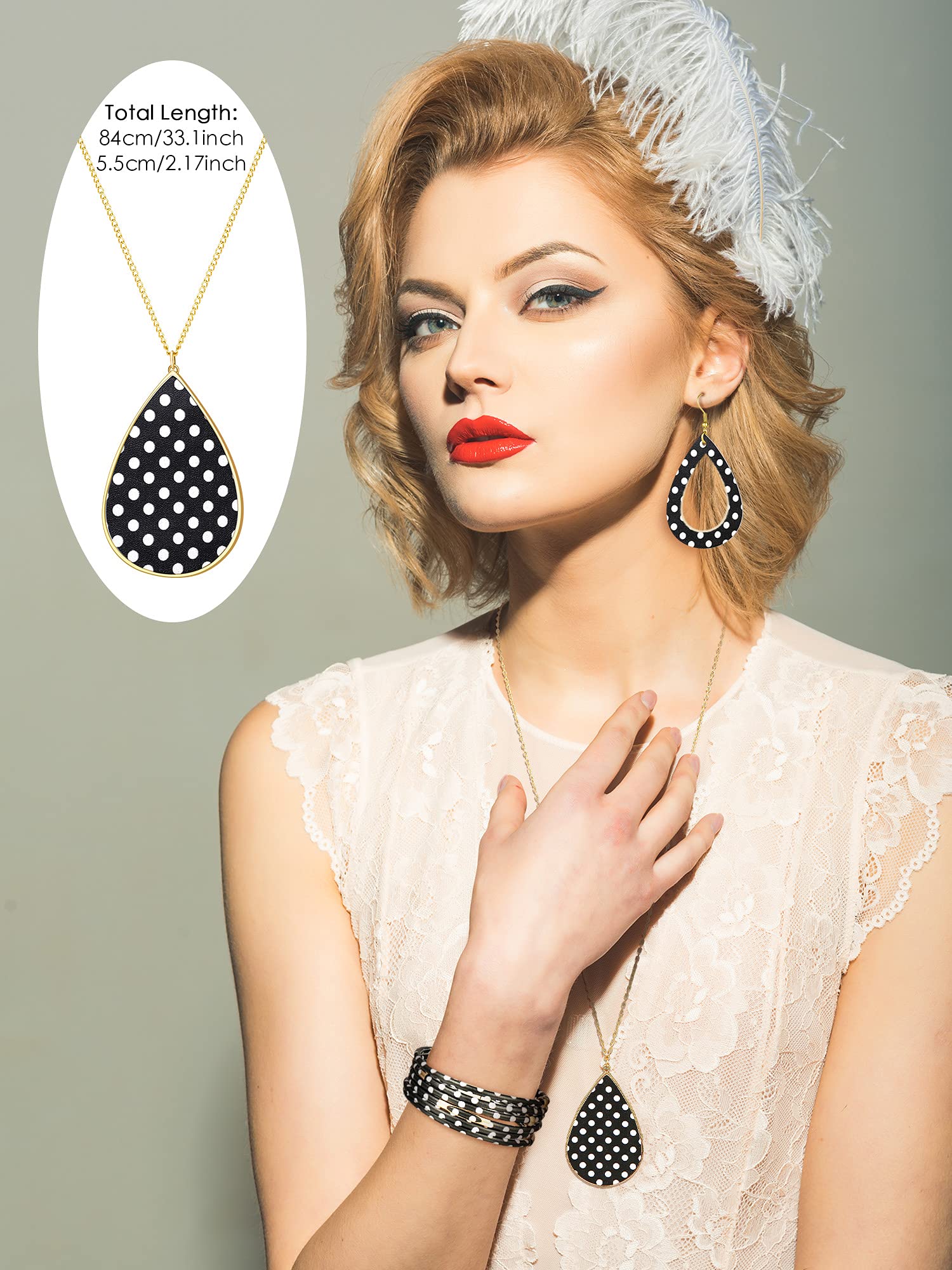 4 Pieces Women's Jewelry Set Polka Dot Pattern Necklace Multi-Layer Bracelet and PU Leather Dangle Earrings (White)