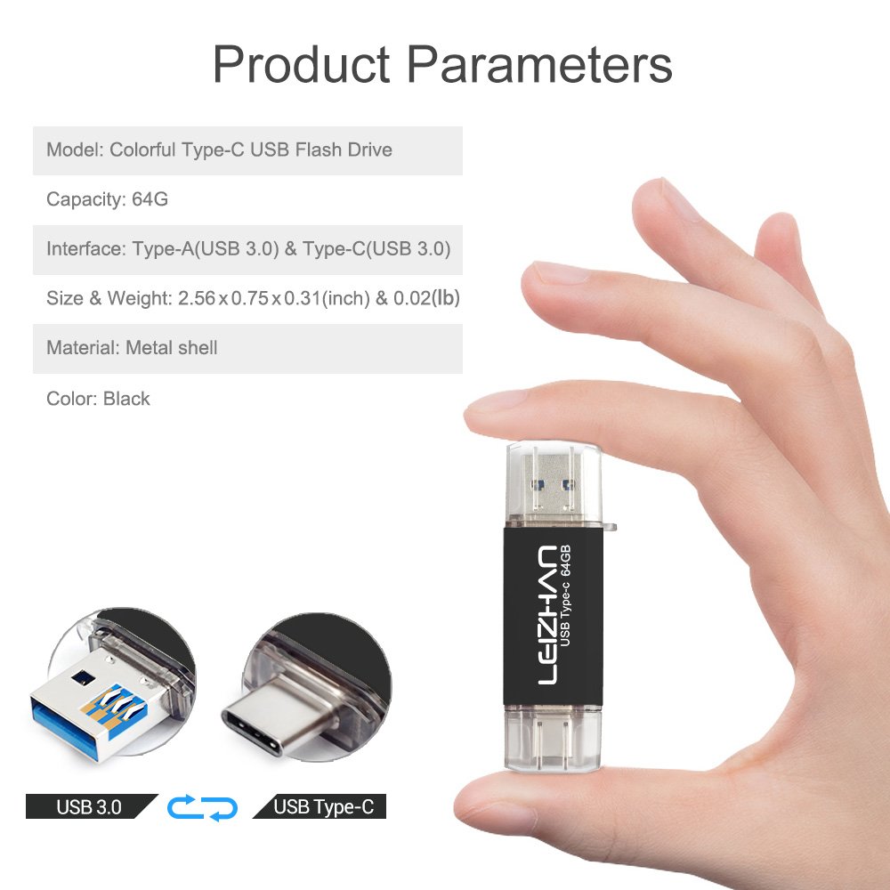 leizhan 64GB USB C Flash Drive USB 3.0 Type C Dual Jump Drive Memory Stick for USB C Smartphones, Samsung Galaxy S10,S9, Note9, S8, S8 Plus, LG G6, Google Pixel XL, Tablets,Black