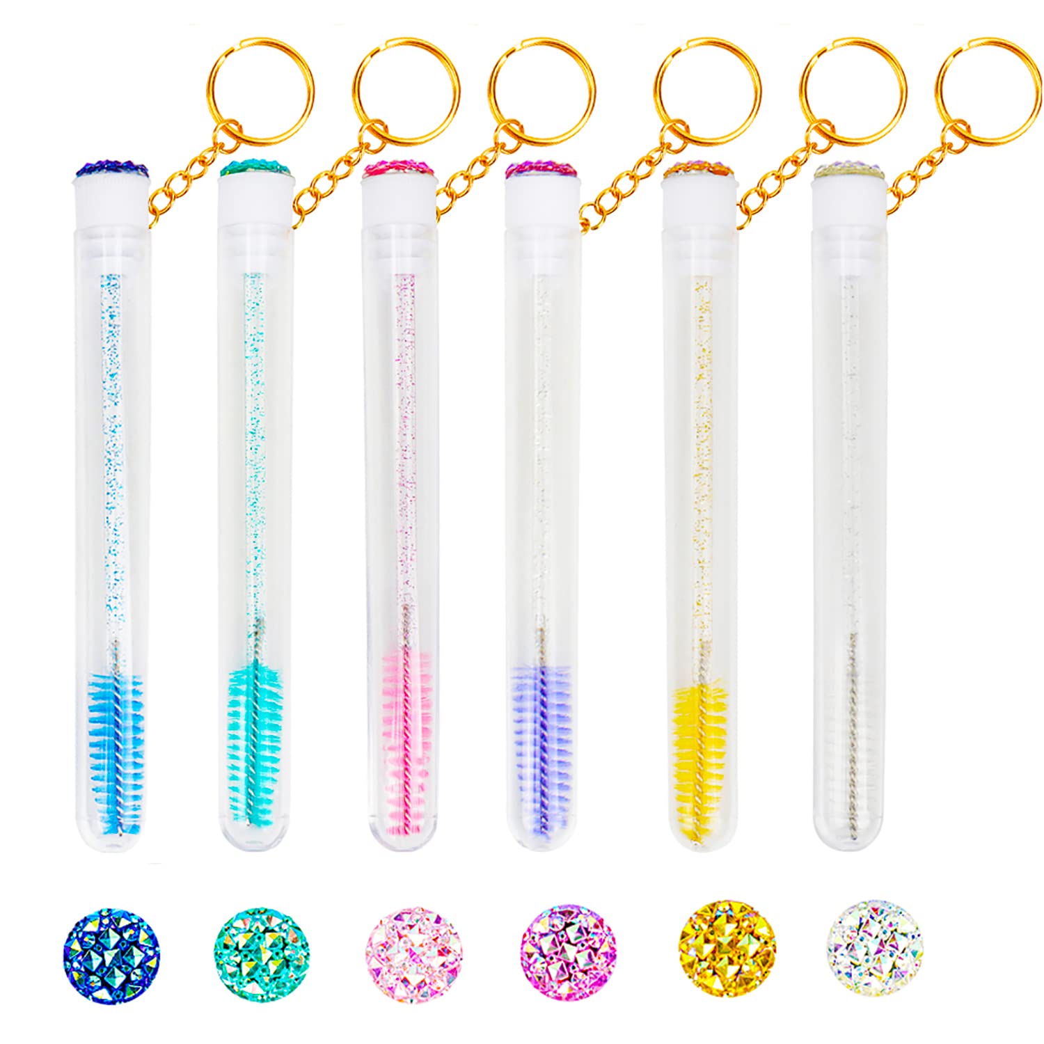 48 Pieces Disposable Mascara Wands Set,Include 24 pcs Disposable Crystal Lash Spoolies Brush and 24 Pieces Reusable Diamond keychain Empty Eyelash Brush Tubes for Women Girls Makeup Brush Kit