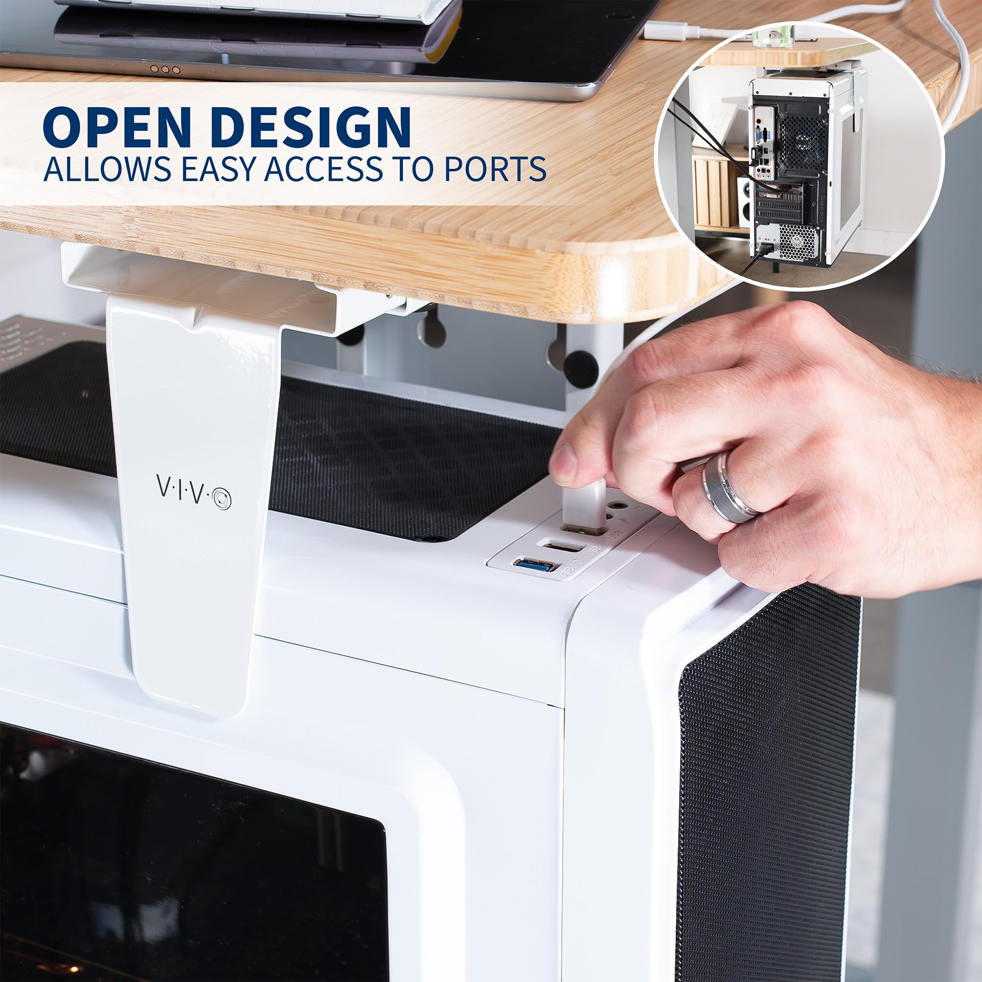 VIVO Adjustable Under Desk and Wall Mount for PC 3.5 - 7.8 inches Wide, Computer Case CPU Holder with Swivel and Secure Locking, White, MOUNT-PC01W