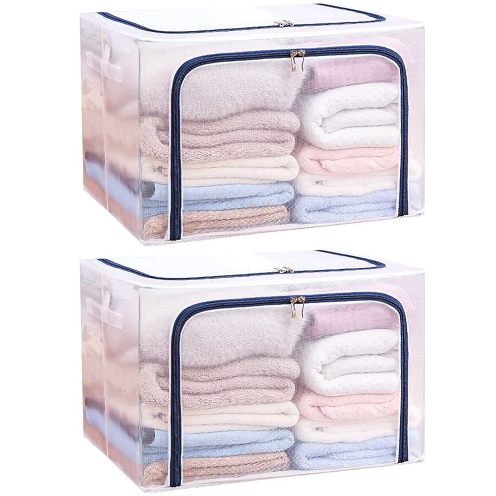 BESTUNIHOM PVC Clear Storage Box,Waterproof Storage Closet Organizers Office Storage Bins Double-way Zippers, Pack of 2 Blue 80L SNX-JWB012PBL80