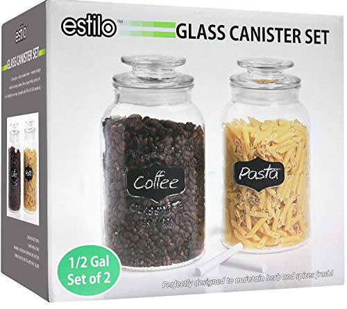 estilo Round Glass Canister Jars With Airtight Lids Ideal for Cookies, Candies, Cereal, Includes Chalkboard Labels And Chalk-1/2 Gallon (Set of 2), Clear